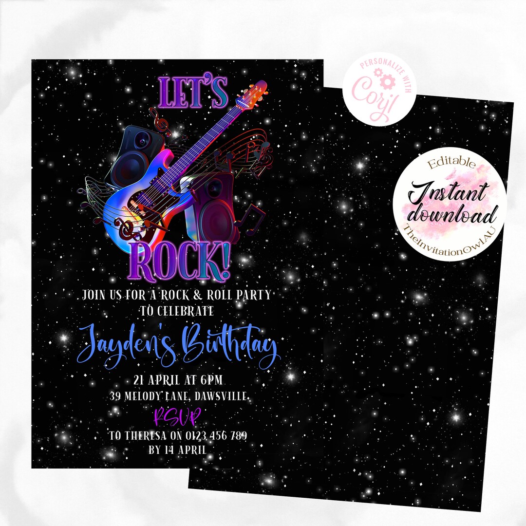 Let's Rock Invitation, 5x7 or 4x6 Sized EDITABLE TEMPLATE, Birthday ...