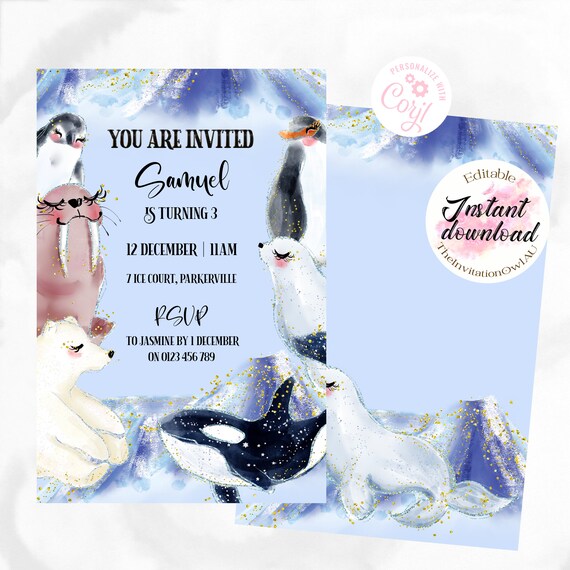 Arctic Animals Themed Invitation EDITABLE TEMPLATE 5x7 or 4x6 | Etsy
