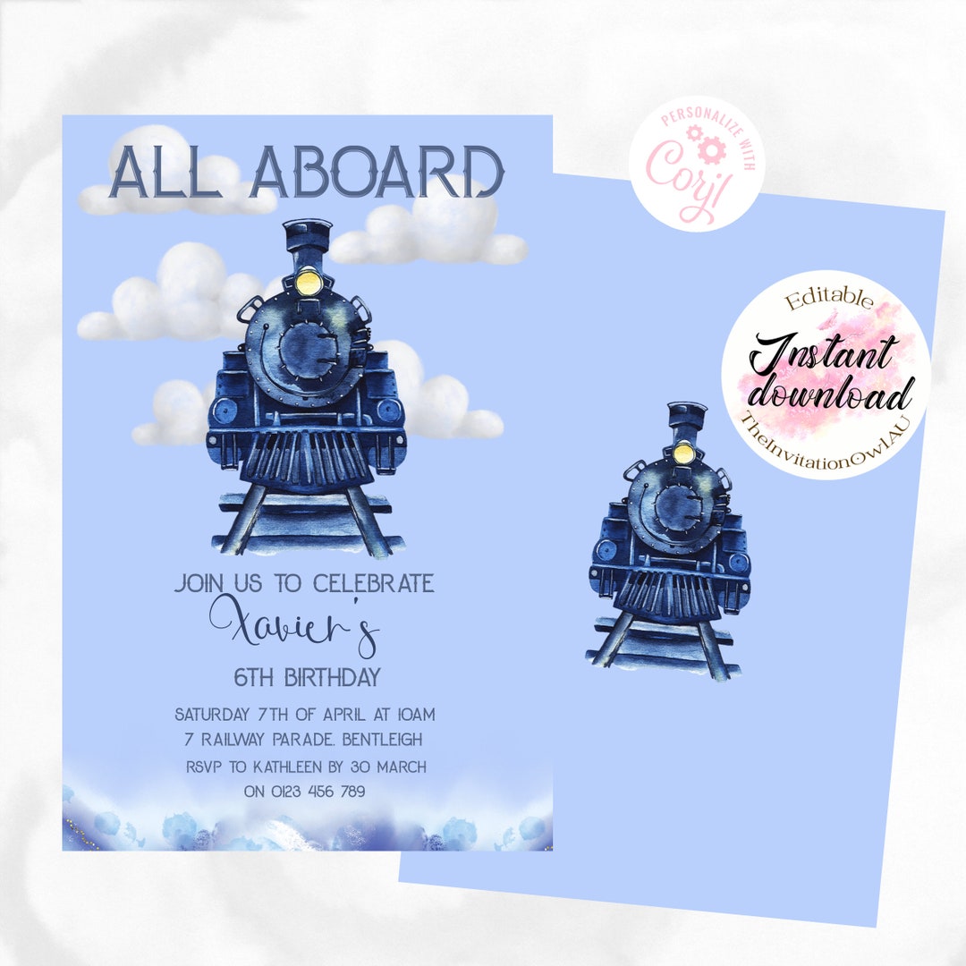 All Aboard Train Themed Invitation, EDITABLE TEMPLATE 5x7 or 4x6 Size ...