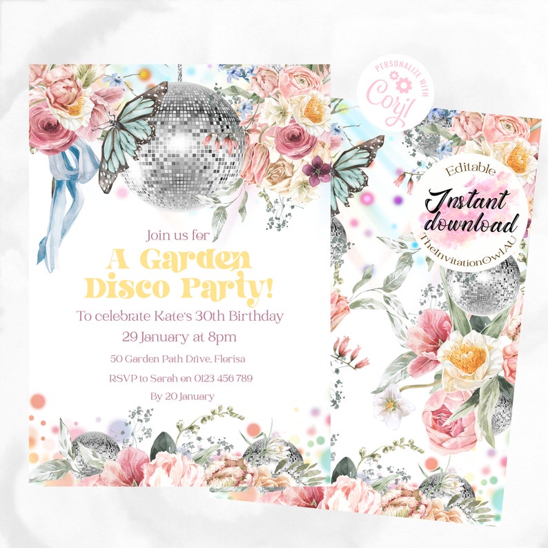 Disco Garden Party Invitation. 5"x7" or 4"x6" Sized EDITABLE TEMPLATE ...