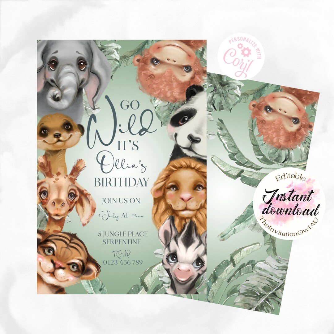Go Wild Invitation, Cute Jungle Animals 5x7 or 6x4 Sized EDITABLE ...
