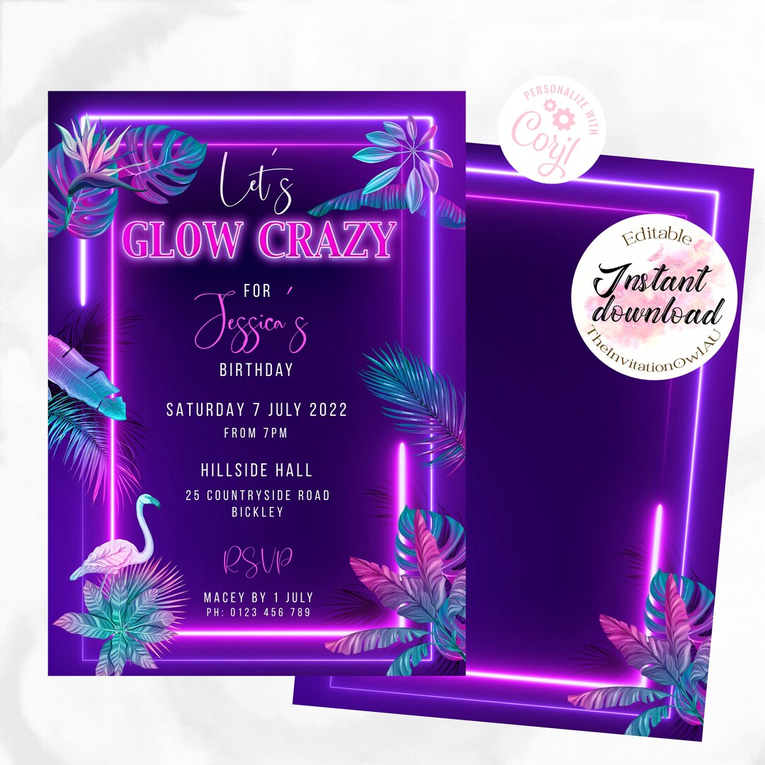 Glow Crazy Neon Invitation, 5x7 or 4x6 Sized EDITABLE TEMPLATE ...