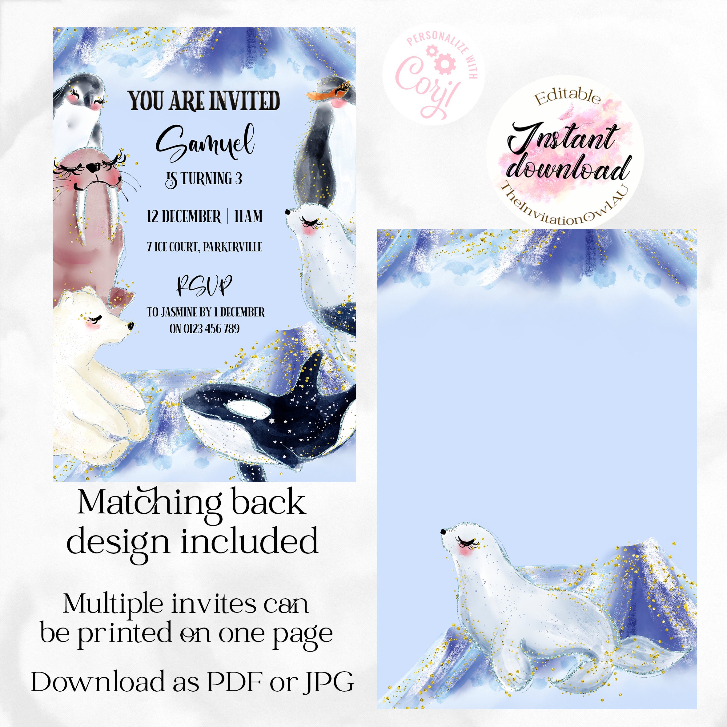 Arctic Animals Themed Invitation, EDITABLE TEMPLATE 5x7 or 4x6 Size ...