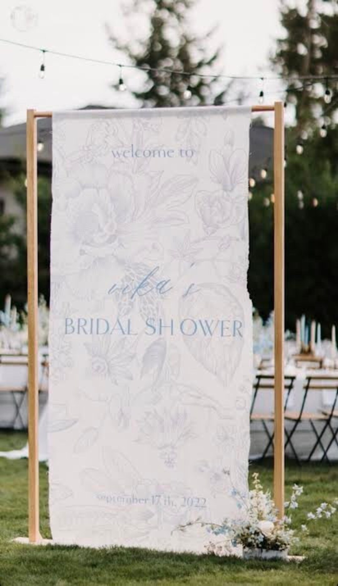 Blue Floral Linen Fabric Banner for Wedding Welcome Sign, Bridal Shower ...