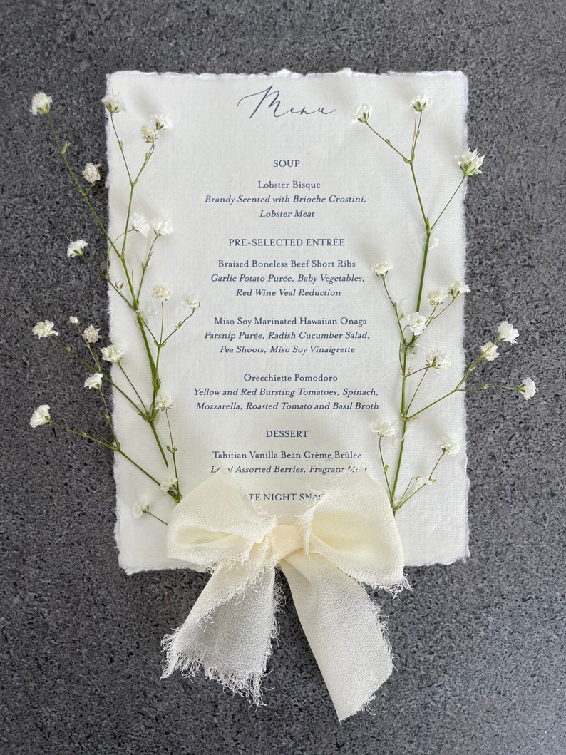 Modern White Flower Menu Handmade Paper Menu Handmade - Etsy