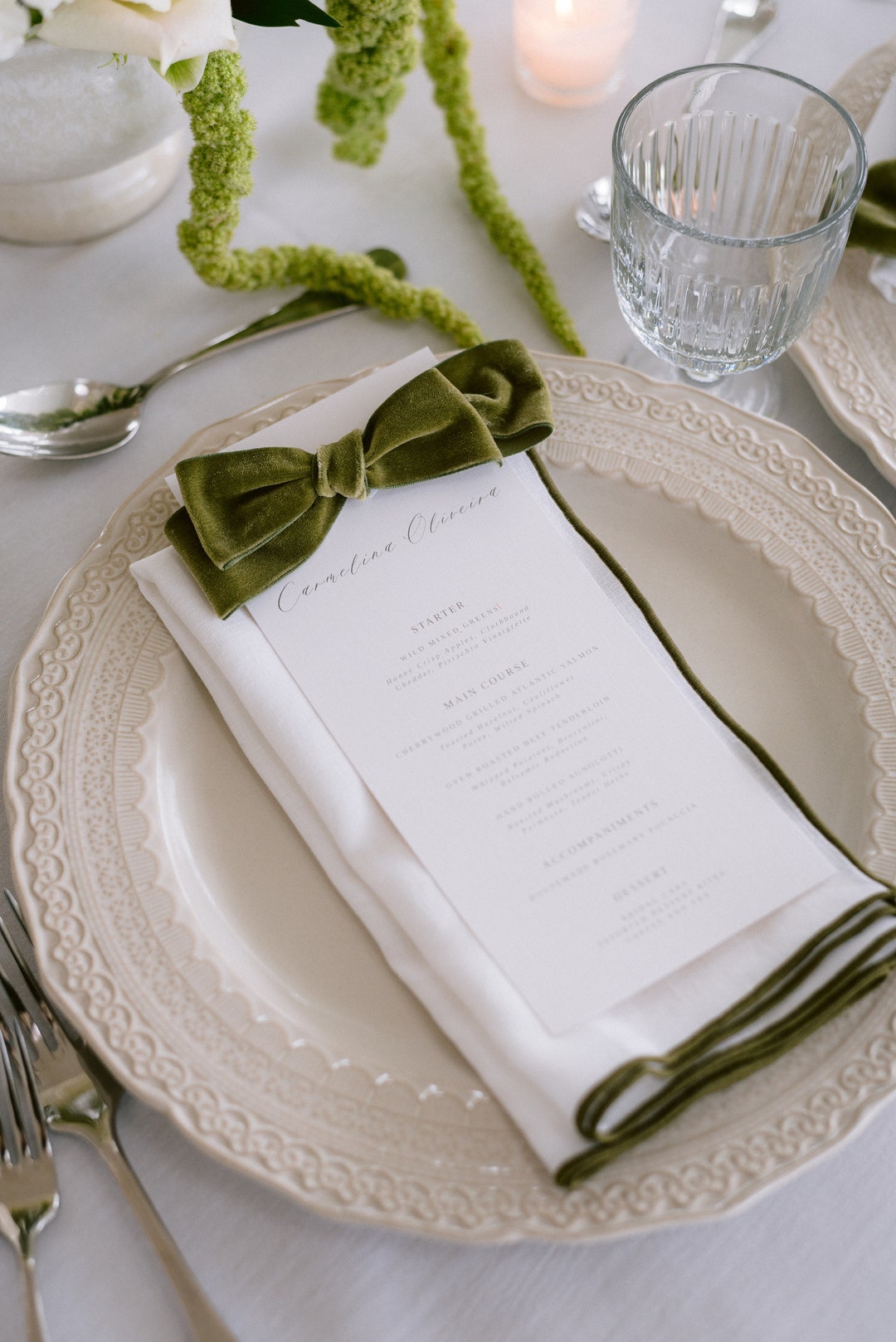 Velvet Bow Wedding Menu, Personalized Wedding Menu With Names, Green ...