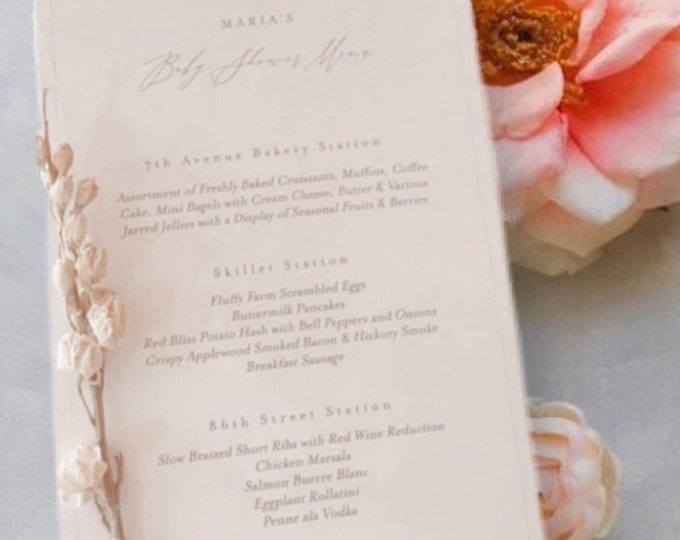 Dried Flowers on Handmade Paper Menu Cards, Wedding Stationery, Floral ...