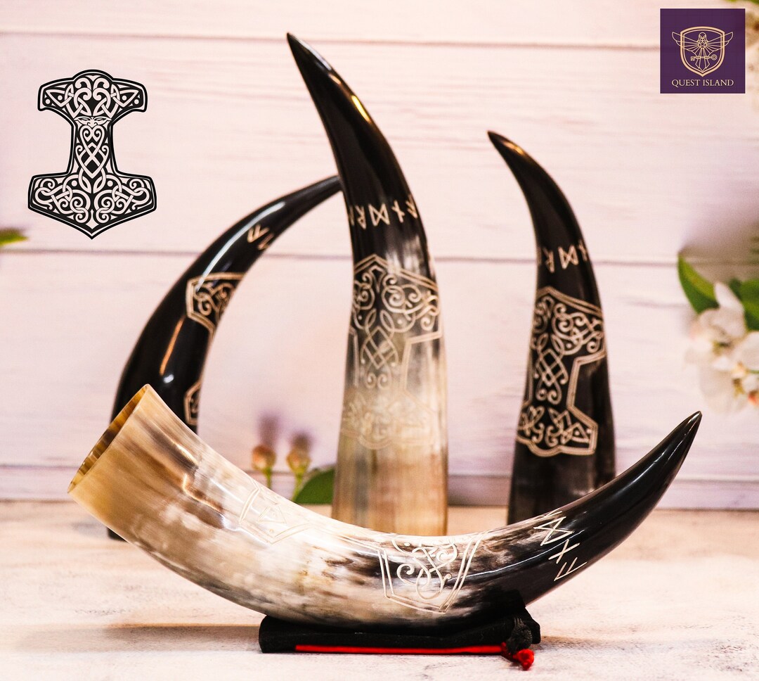 Viking Drinking Horn Thor Hammer Cup Set Genuine Handcrafted Drinking ...