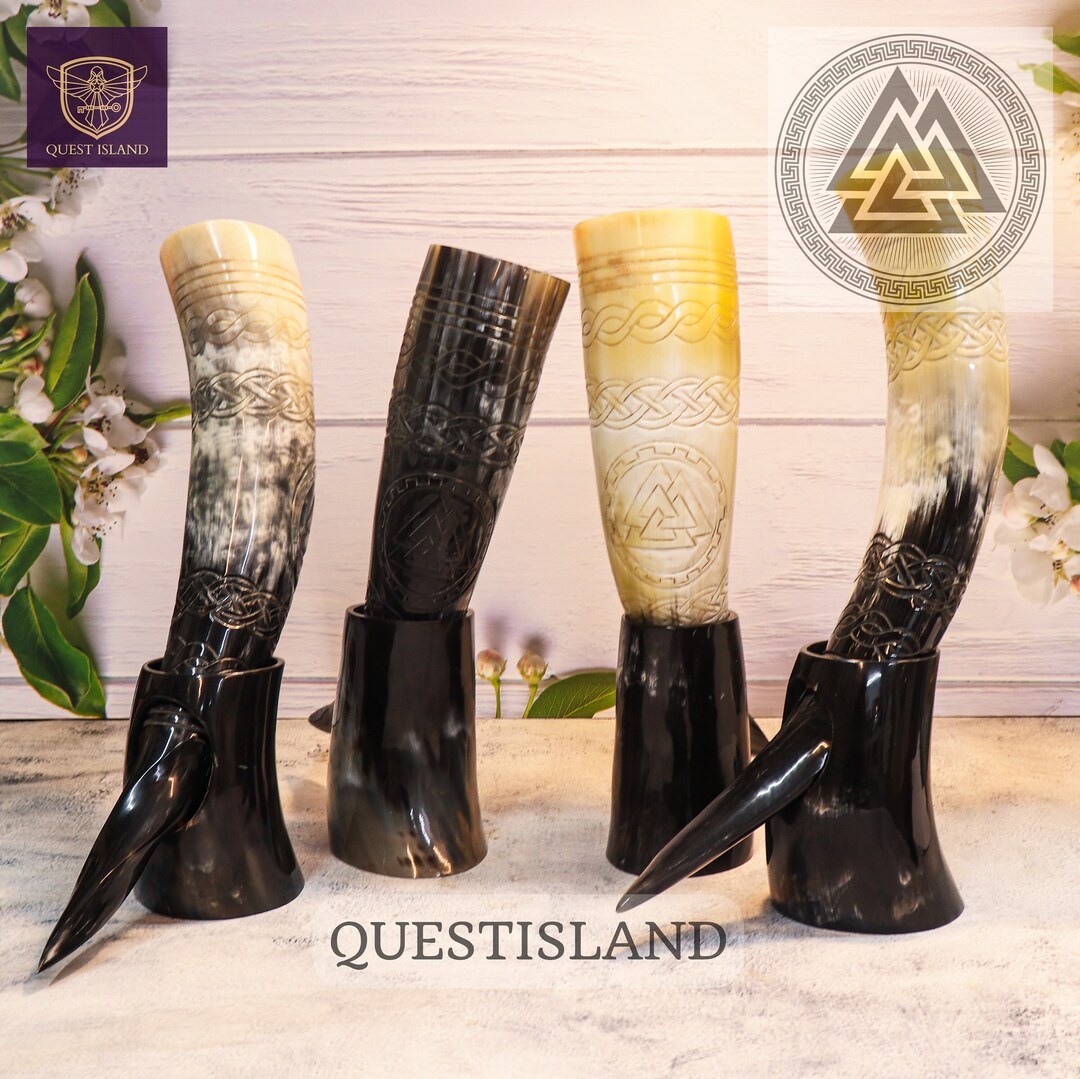 Viking Ox Horn Drinking Mug Set Medieval Valknut Engraved, Polished ...