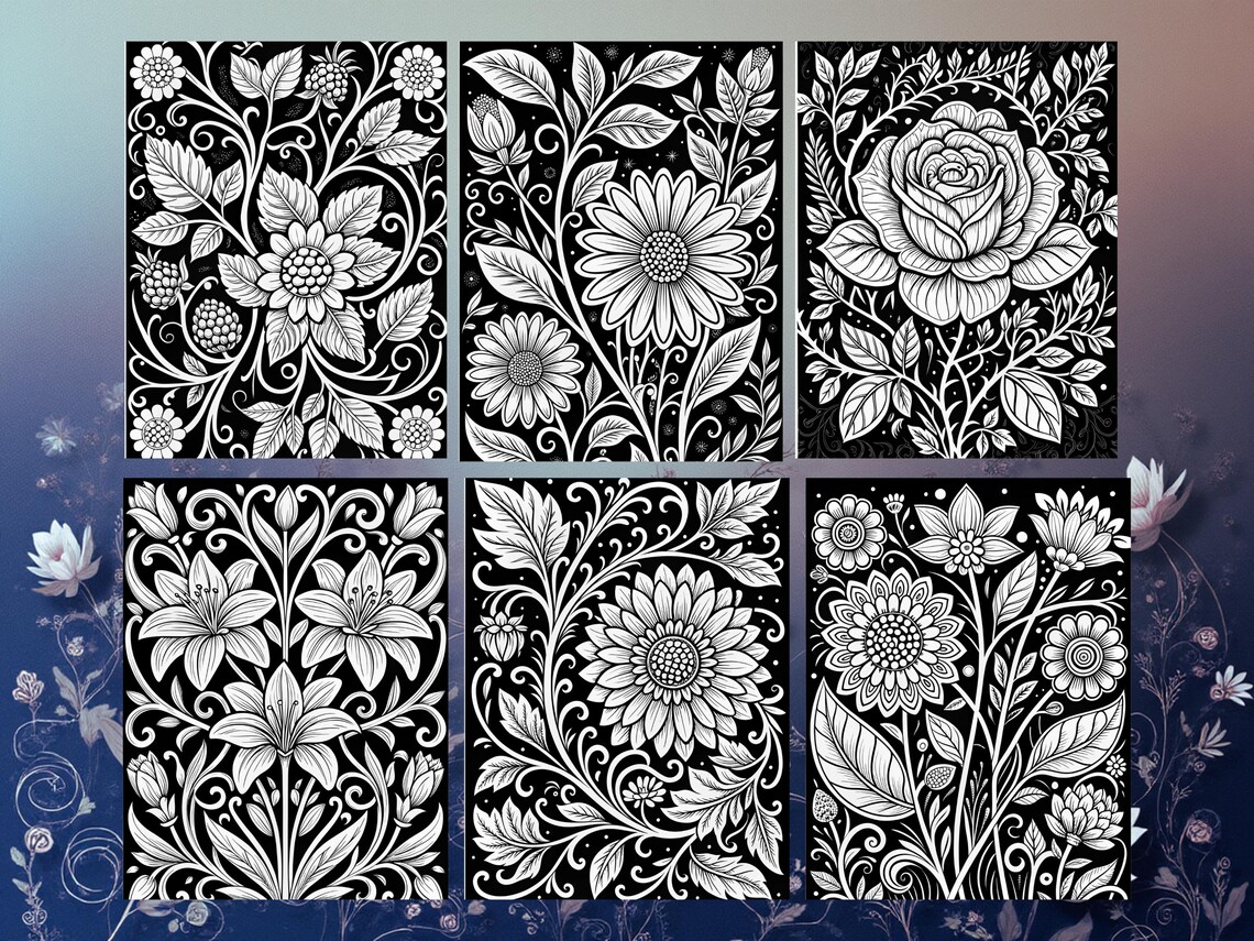 Baroque Flowers Black Background Coloring Book for Adults Printable ...
