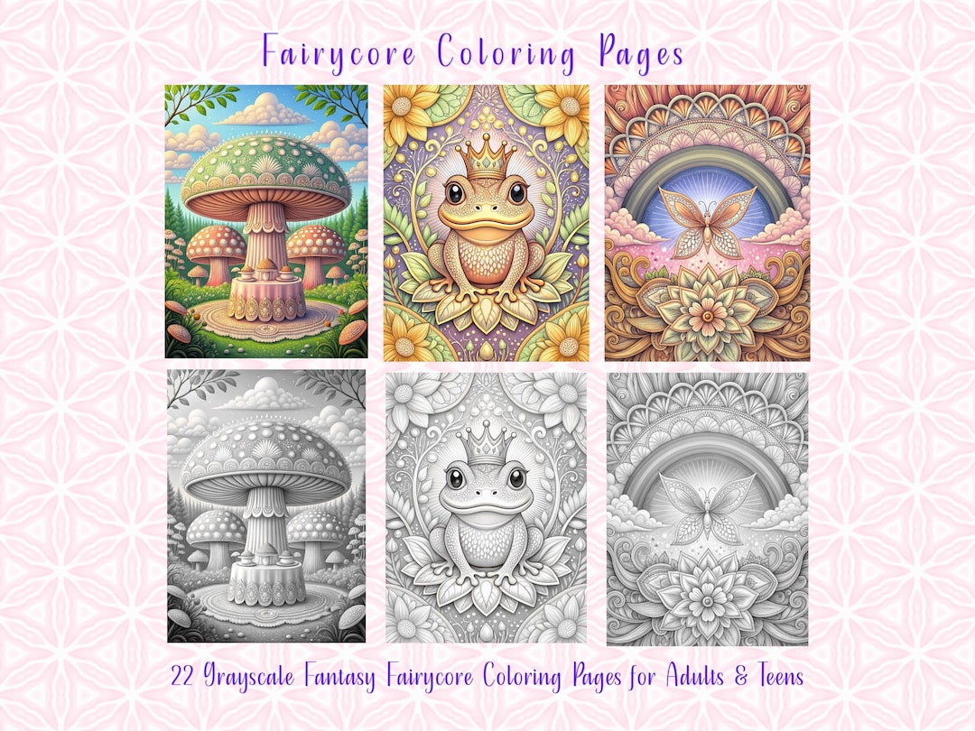 Fairycore Fantasy Grayscale Coloring Pages| Magical Fairy Art With ...