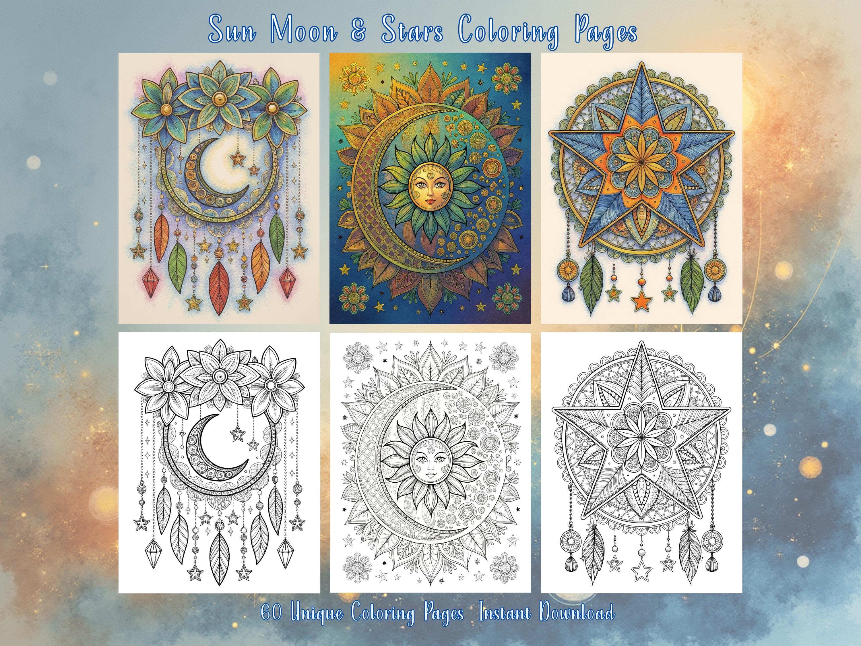 Boho Sun Moon & Stars Coloring Book Printable PDF - Etsy