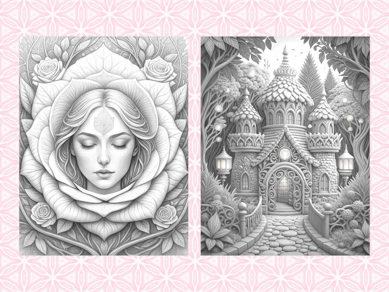 Fairycore Fantasy Grayscale Coloring Pages| Magical Fairy Art With ...