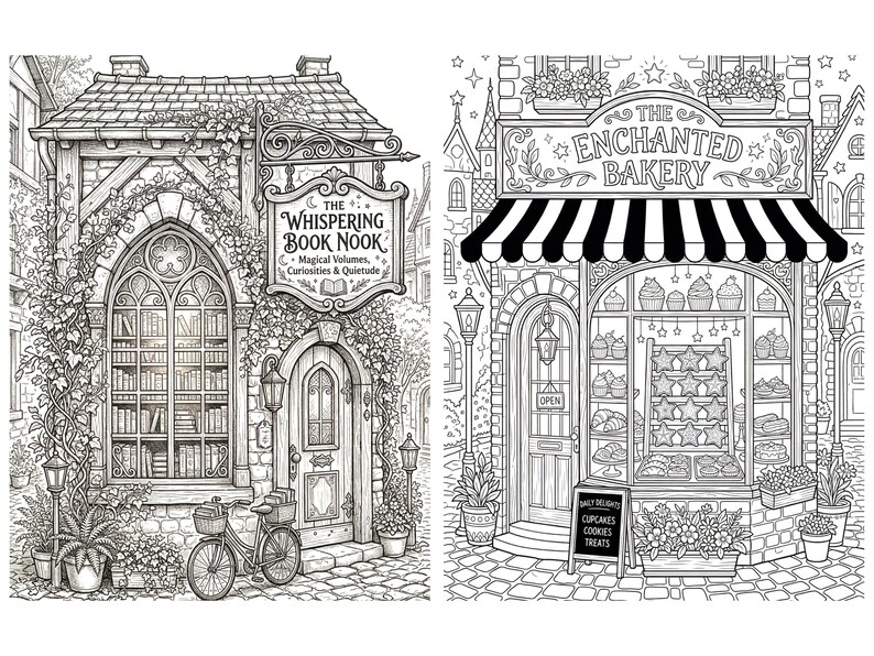 Whimsical Fantasy Shops Coloring Book, Cozy Bookstore, Bakery ...