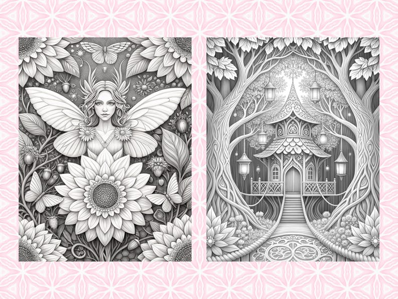 Fairycore Fantasy Grayscale Coloring Pages| Magical Fairy Art With ...