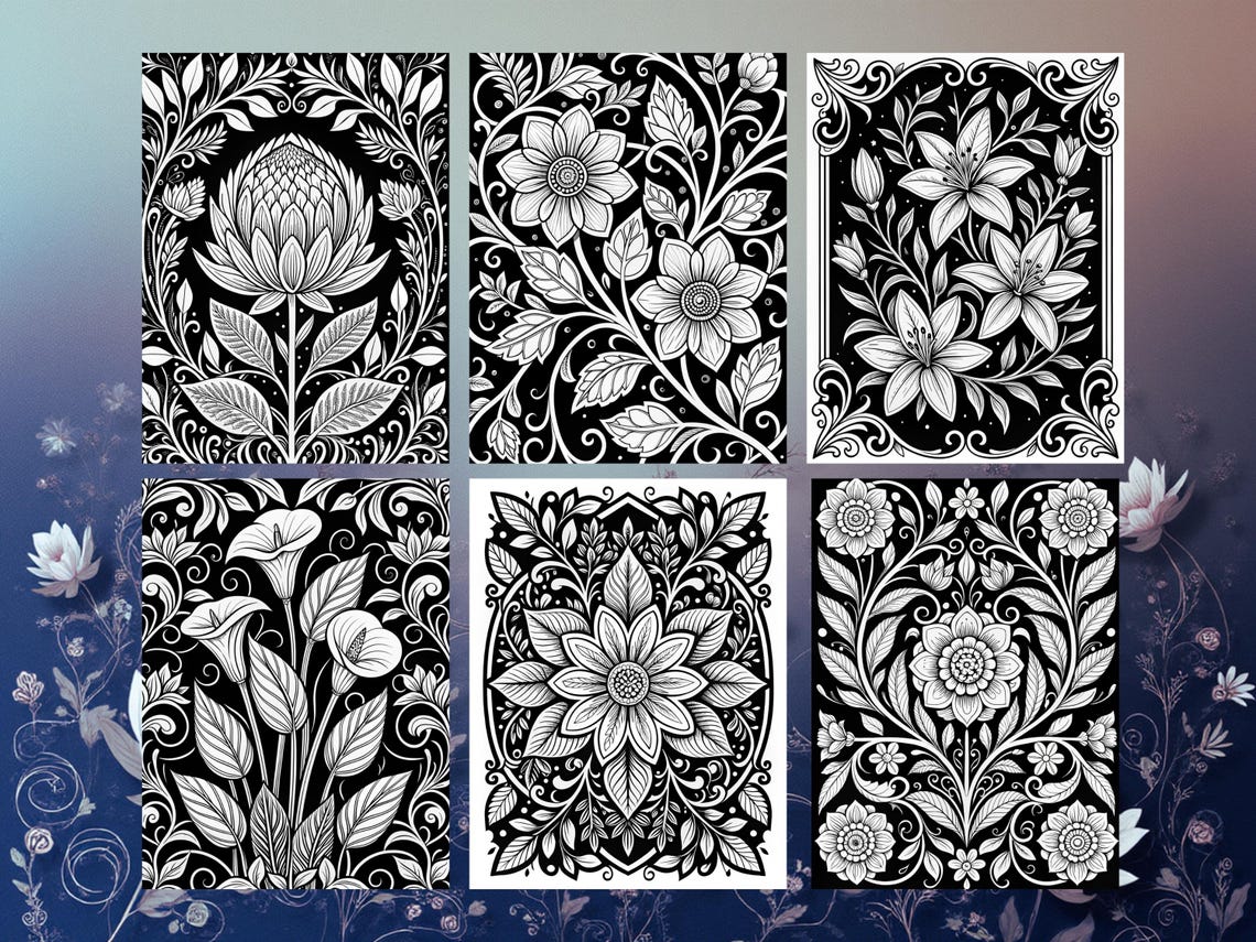 Baroque Flowers Black Background Coloring Book for Adults Printable ...