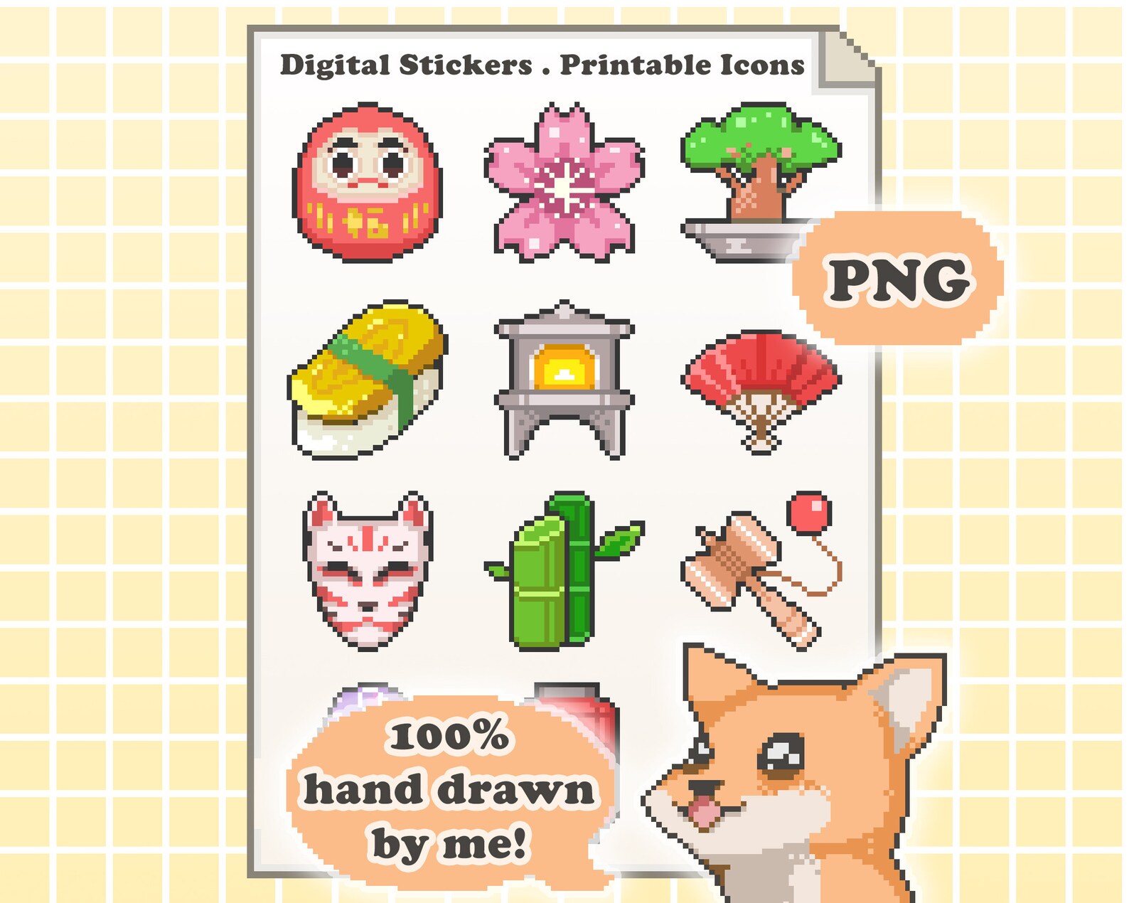 Japanese Style Digital Stickers in PNG Format, Cute Printable Graphics ...