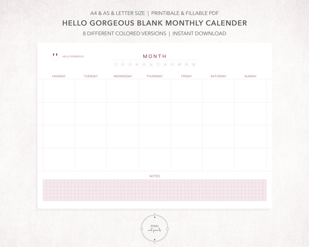 Blank Monthly Calendar Printable, A4 A5 Letter Sizes (fillable PDF) - Etsy