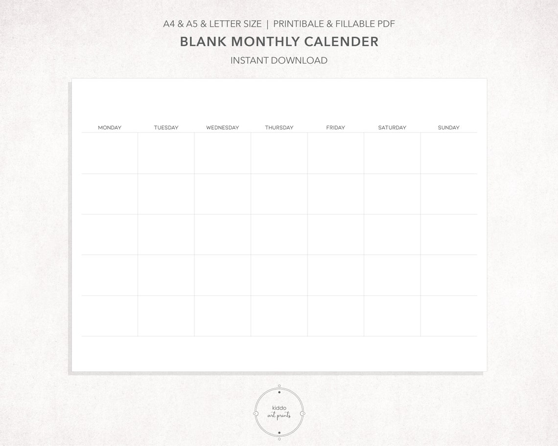 Blank Monthly Calendar Printable Landscape Calendar Minimalist Calendar ...
