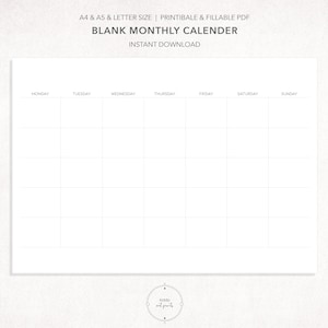 Blank Monthly Calendar Printable Landscape Calendar Minimalist Calendar ...