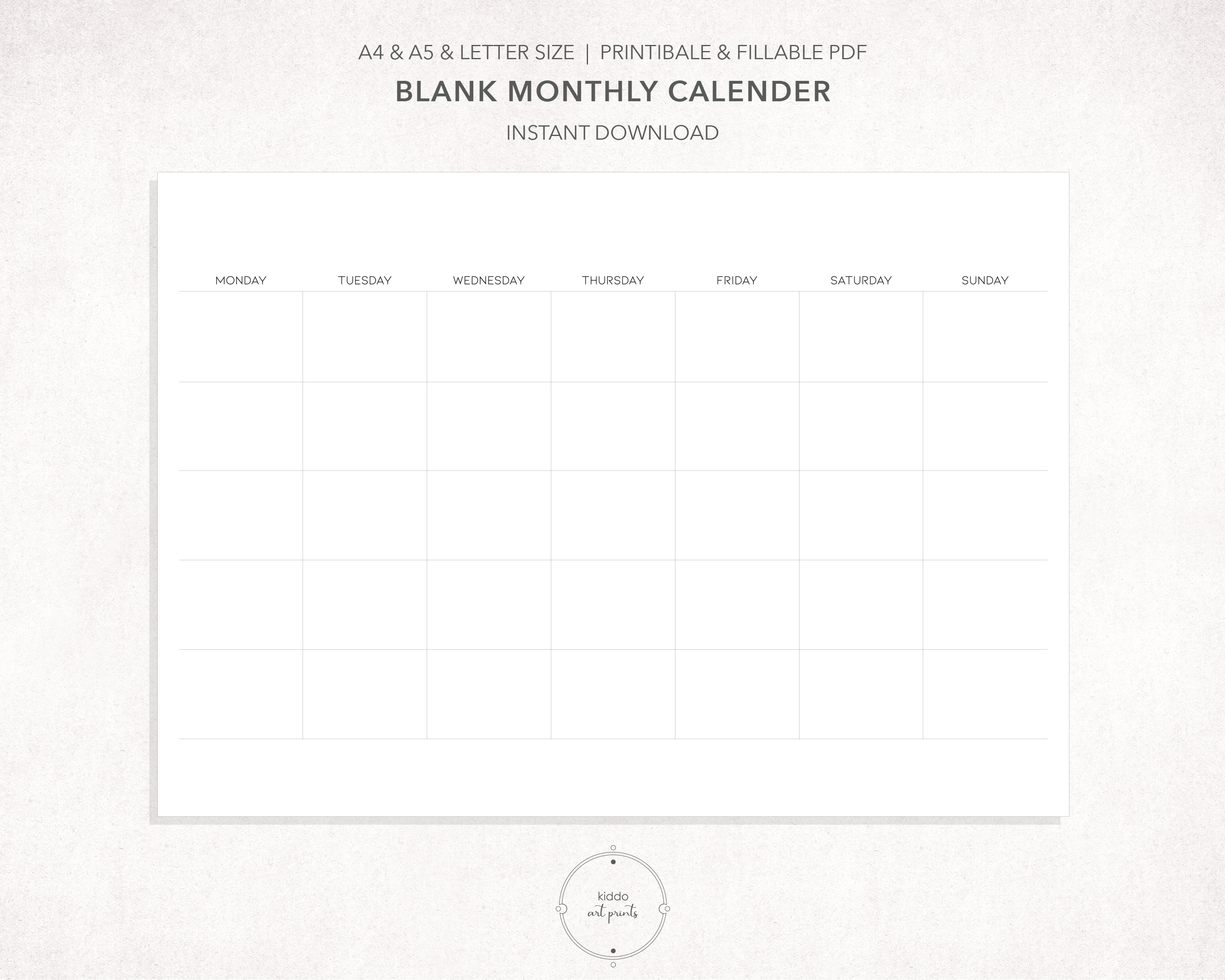 Blank Monthly Calendar Printable Landscape Calendar Minimalist Calendar ...