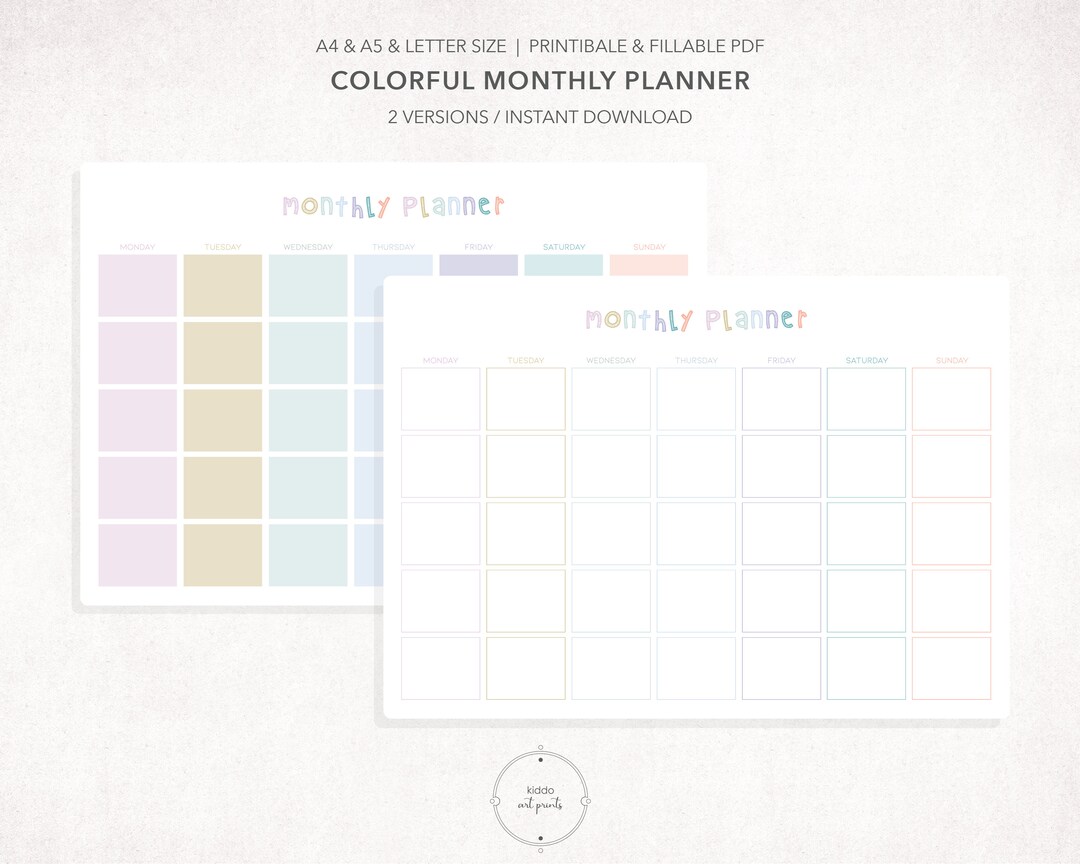 Colorful Monthly Planner Printable: Minimalist Rainbow Calendar ...
