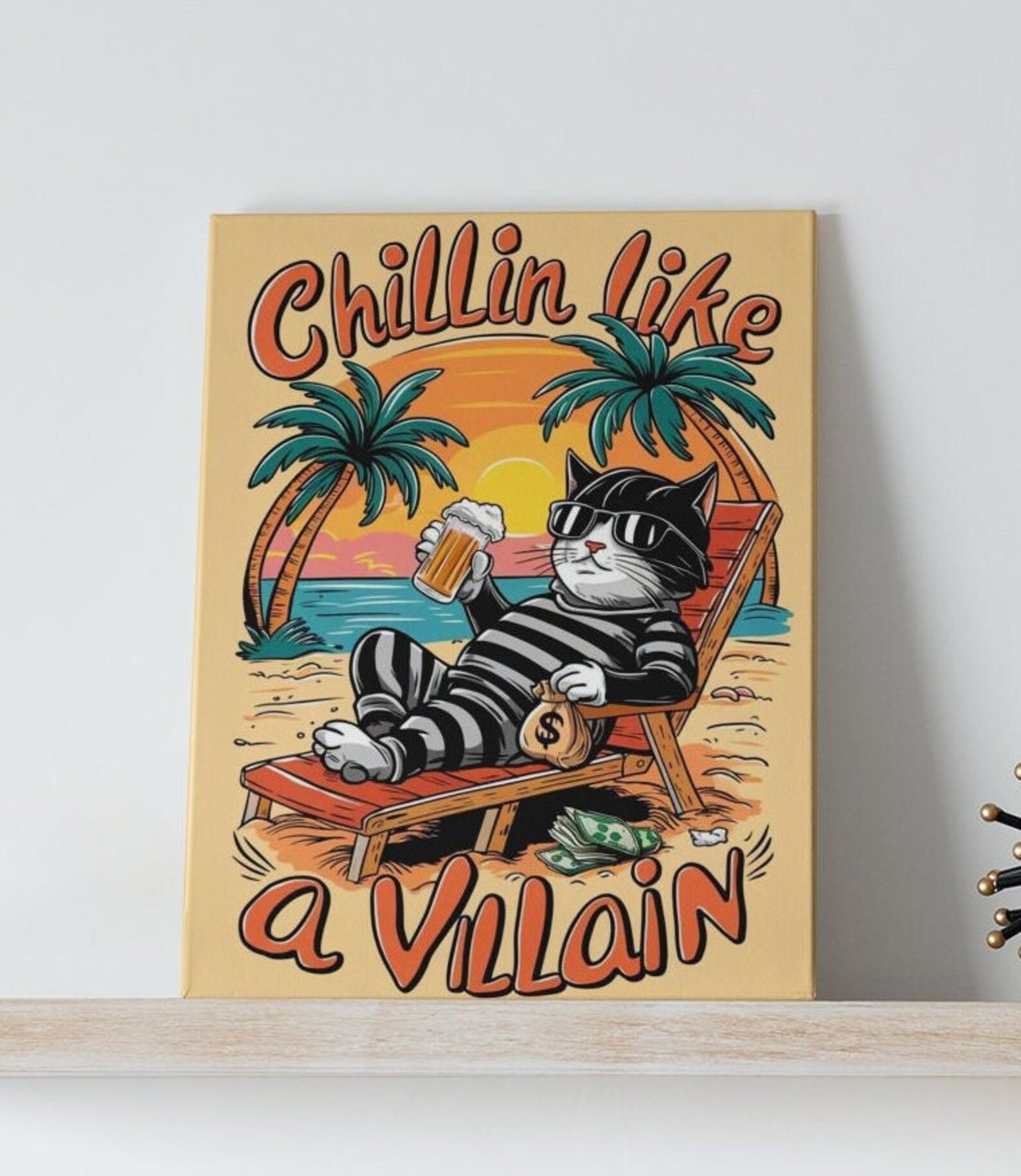 Vibrant Cool Cat Wall Art, Chillin Like a Villain, Comic Style Canvas ...
