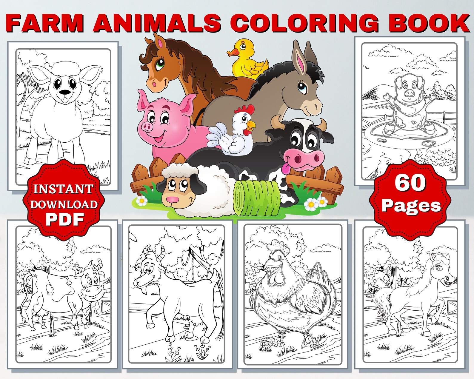 60 Cute Farm Animals Digital Coloring Book - Kdp Complete Interior ...