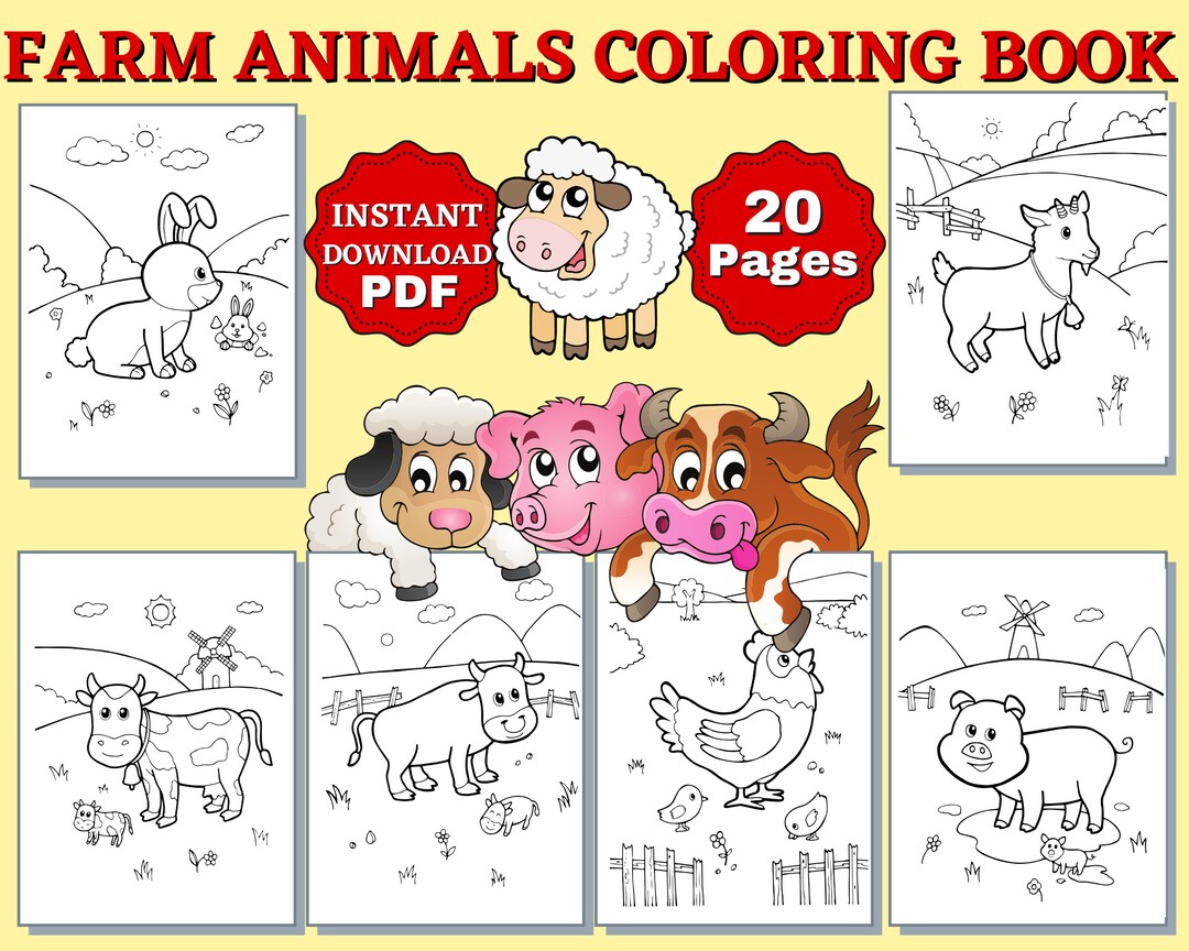 20 Cute Farm Animals Digital Coloring Book - Kdp Complete Interior ...