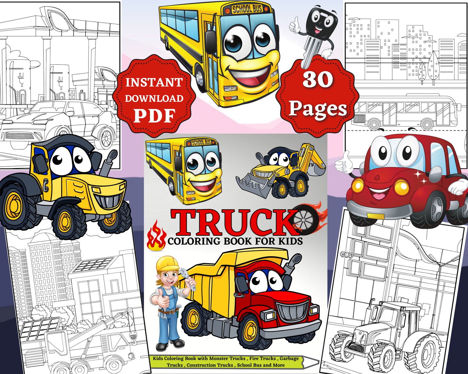 30 Truck Coloring Pages | INSTANT DOWNLOAD | Ambulance Trucks, Garbage ...
