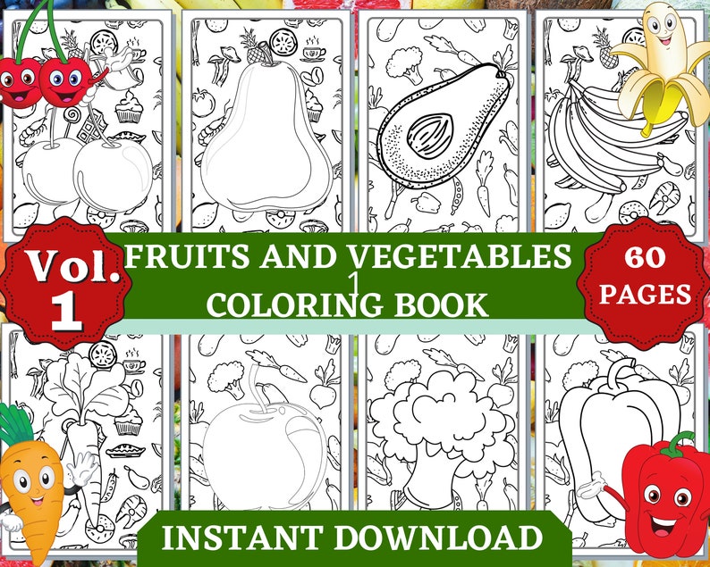 60 Fruits and Vegetables Coloring Pages | INSTANT DOWNLOAD | Color ...