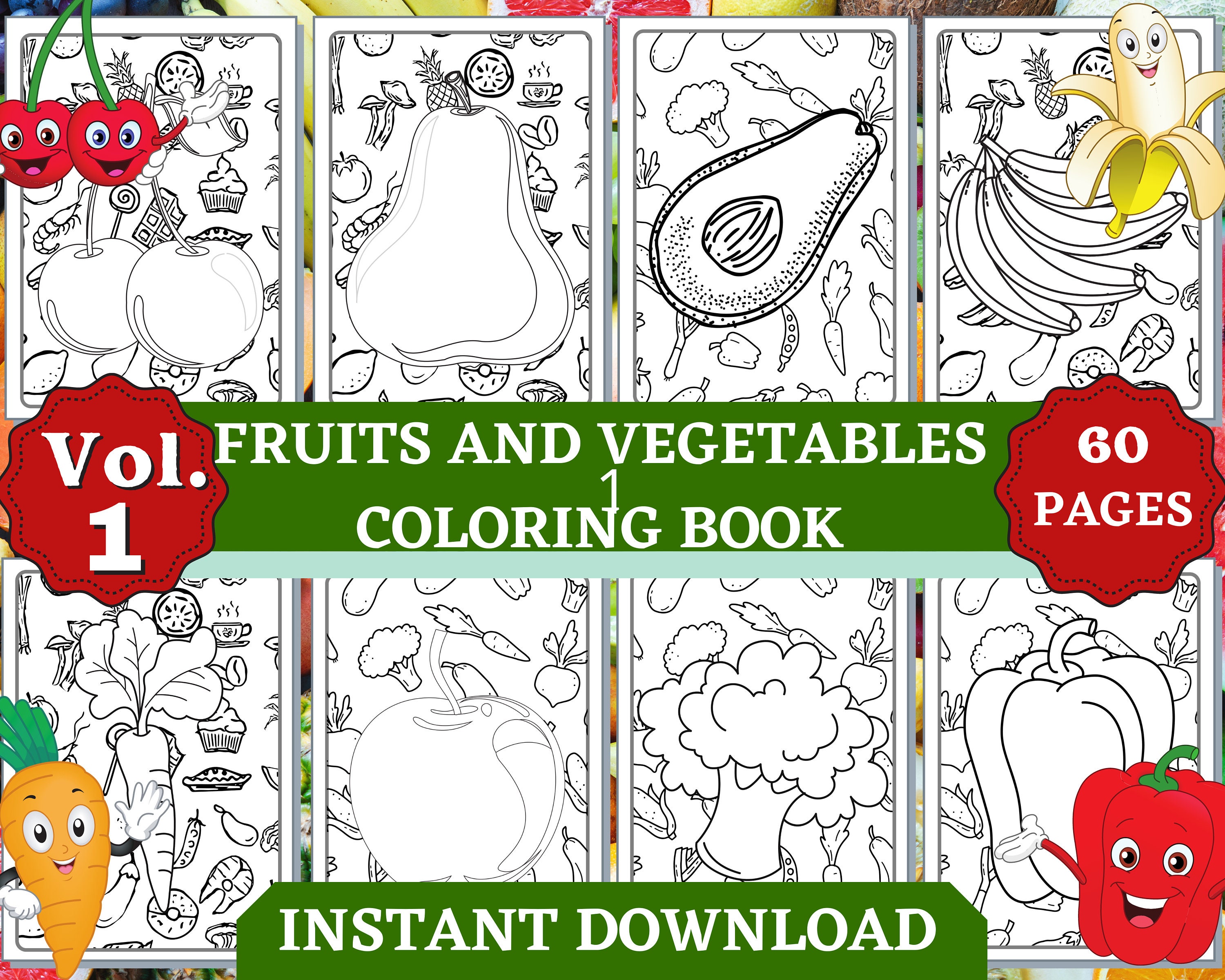 60 Fruits and Vegetables Coloring Pages INSTANT DOWNLOAD Color Fruit ...