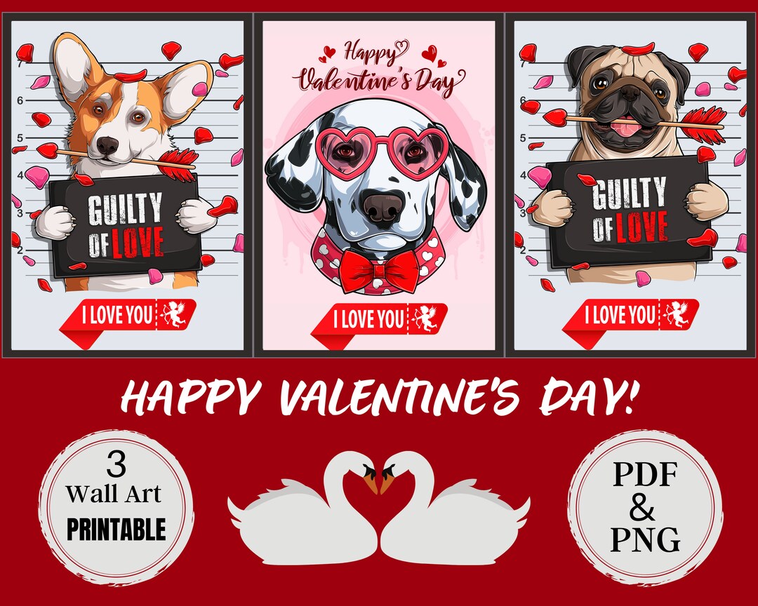3 Printable Puppy Dog Valentine's Day Wall Art | Dog Valentine's Day ...