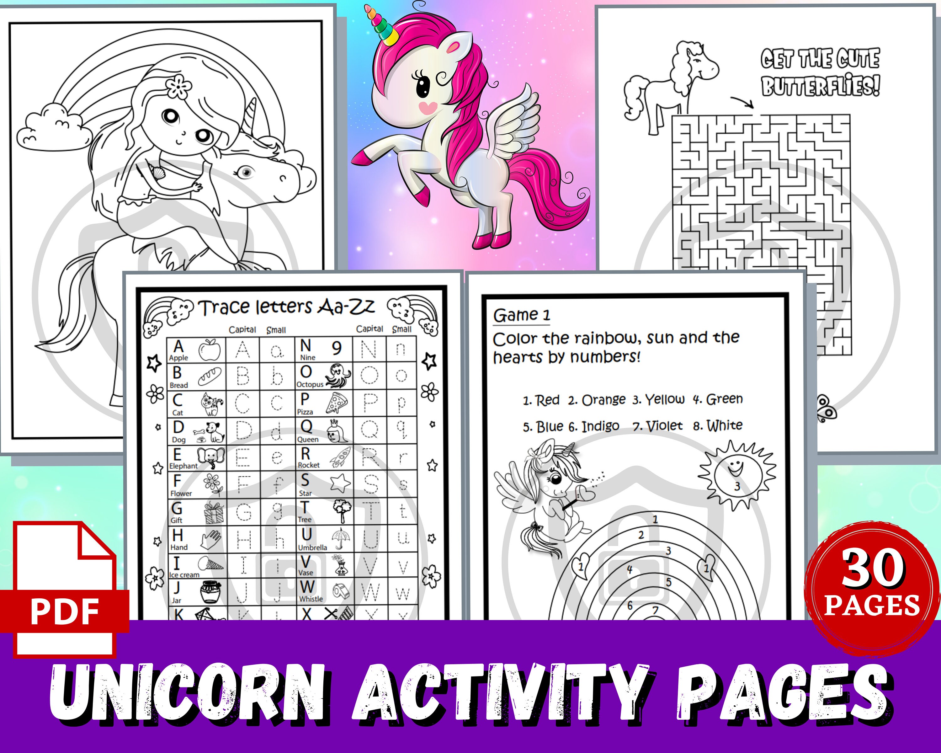 Cute Unicorn Activity Pages 30 Printable Coloring Sheets for Girls and ...