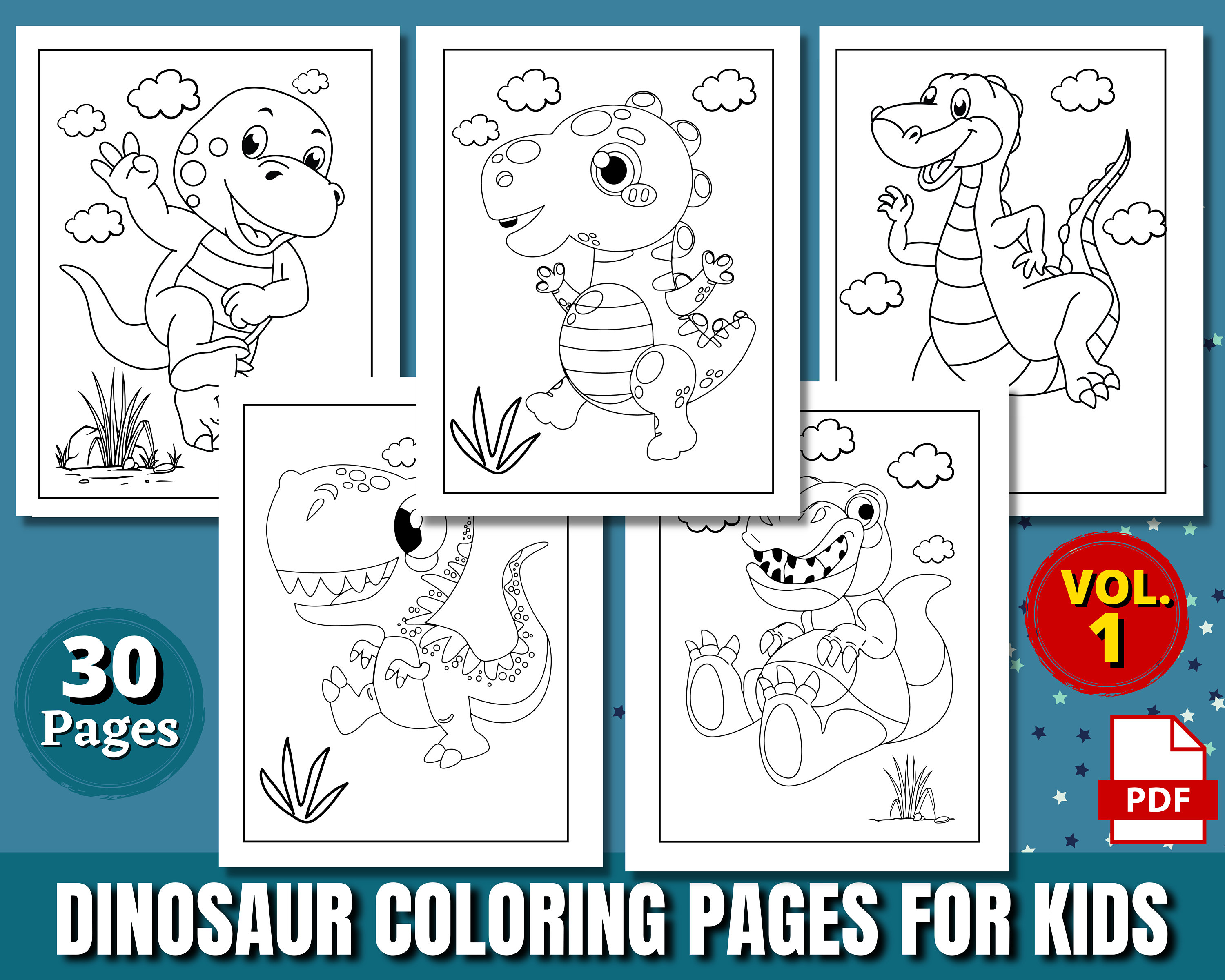 30 Dinosaur Coloring Pages | VOL 1 | INSTANT DOWNLOAD | Dinosaur ...