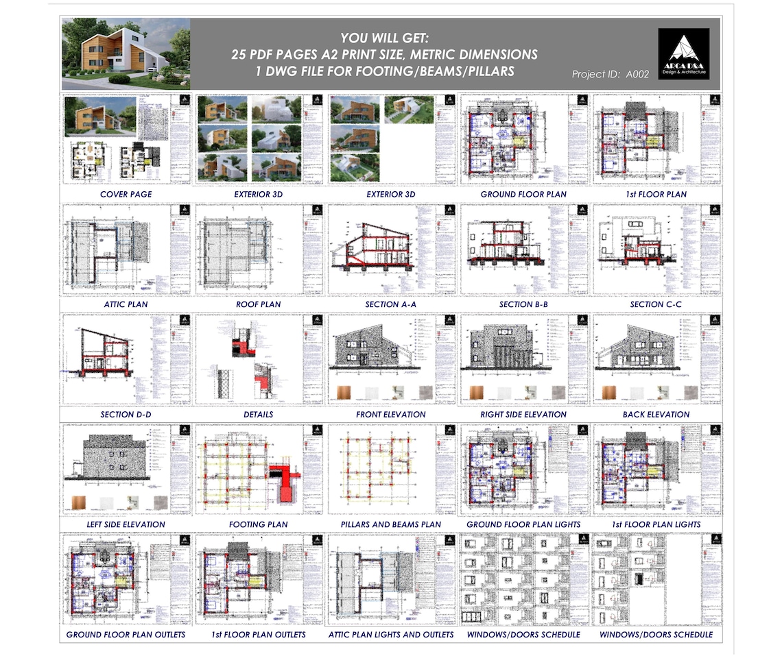 Architecture House Plans, Metric Dimensions, 4 Bedroom, 2 1/2 Story ...