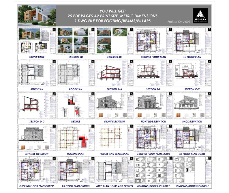 Architecture House Plans, Metric Dimensions, 4 Bedroom, 2 1/2 Story ...