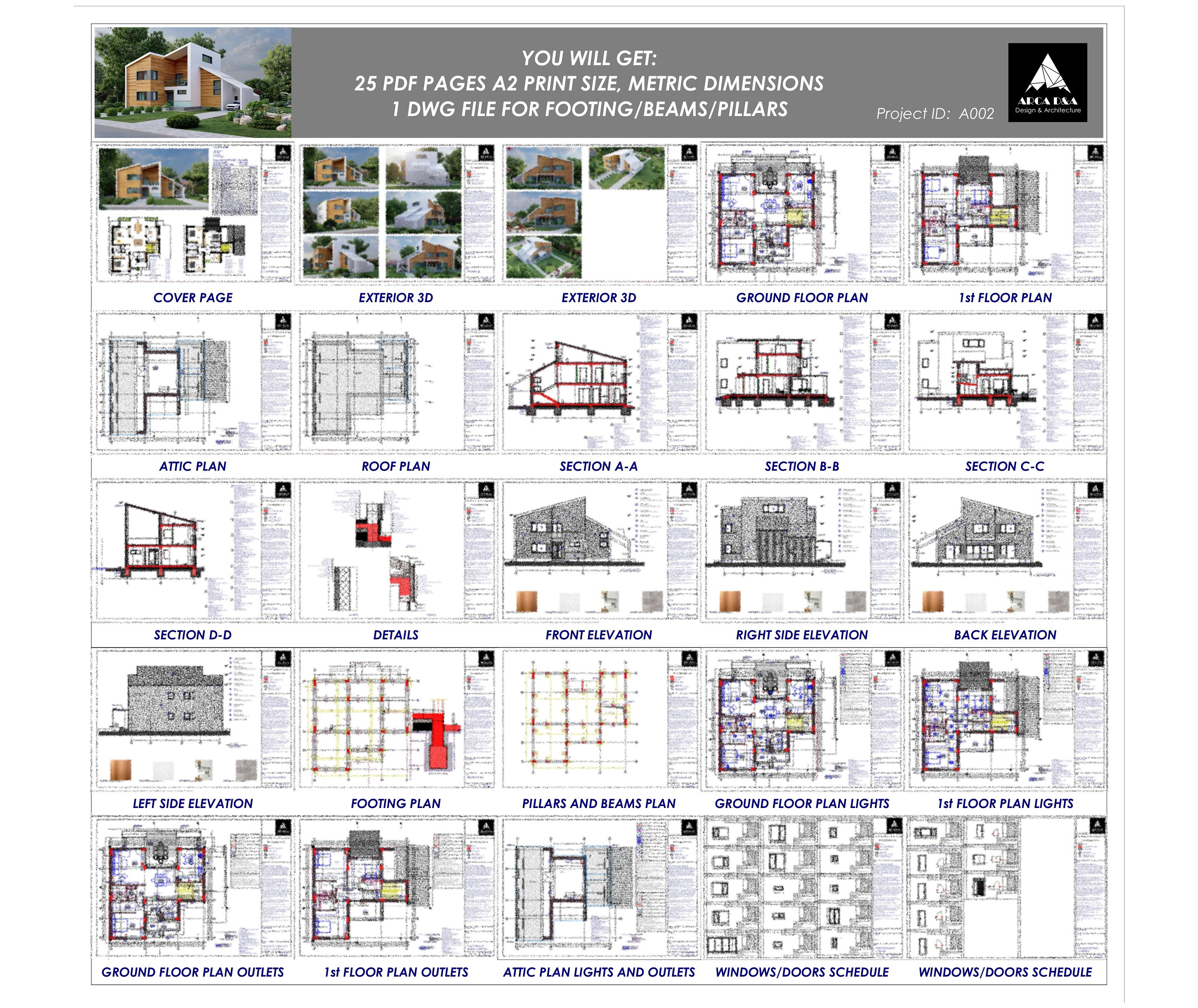 Architecture House Plans, Metric Dimensions, 4 Bedroom, 2 1/2 Story ...