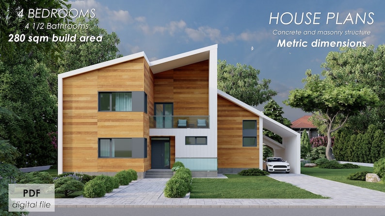 Architecture House Plans, Metric Dimensions, 4 Bedroom, 2 1/2 Story ...