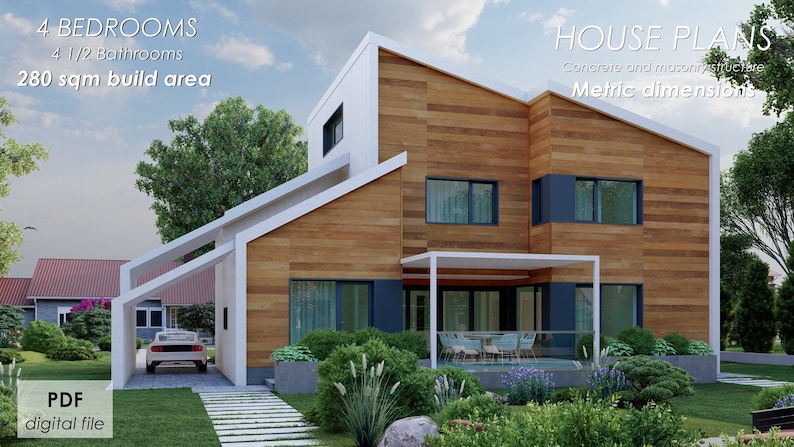 Architecture House Plans, Metric Dimensions, 4 Bedroom, 2 1/2 Story ...