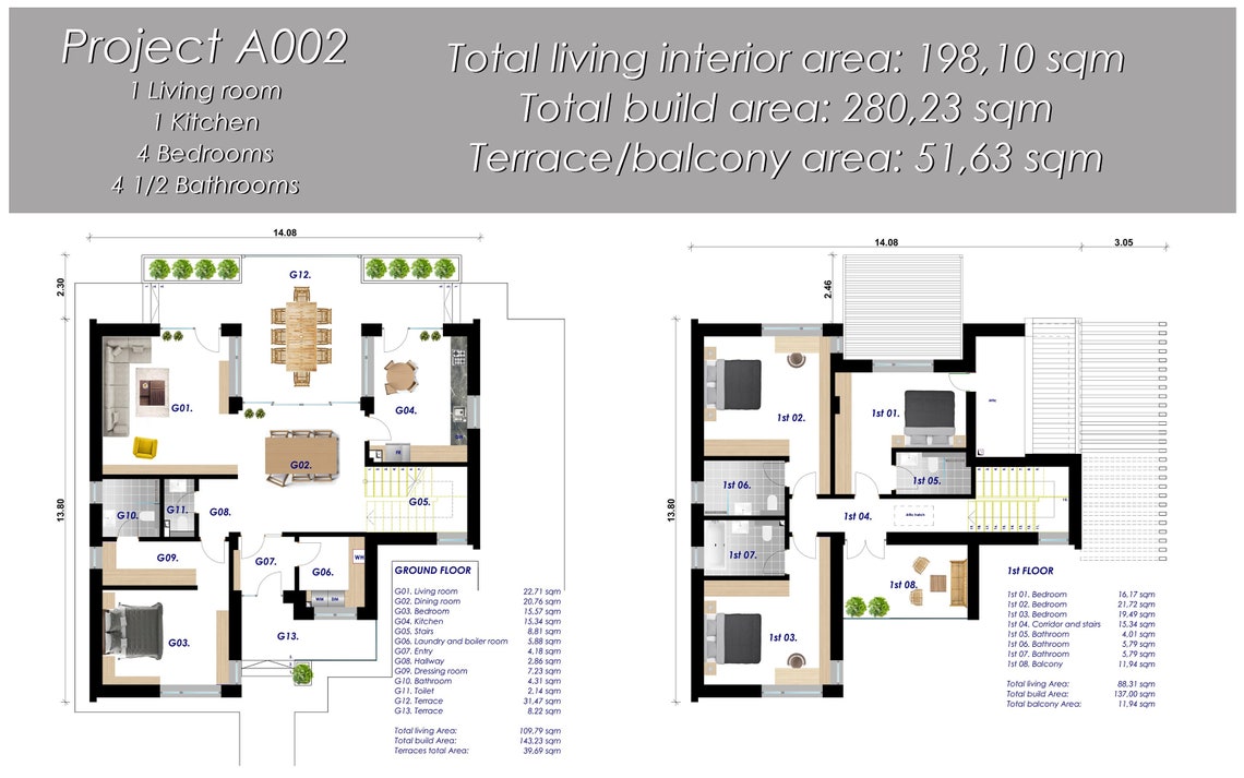 Architecture House Plans, Metric Dimensions, 4 Bedroom, 2 1/2 Story ...