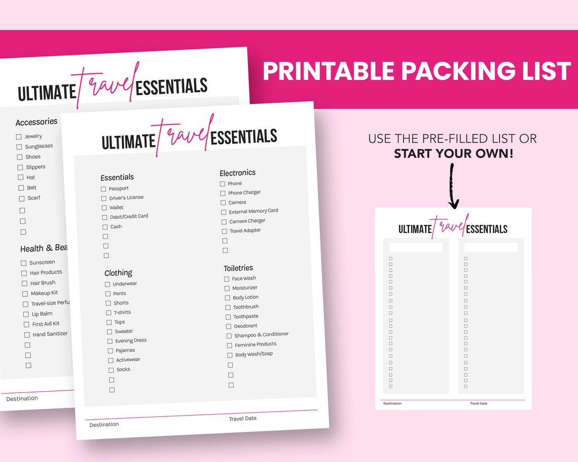 Ultimate Travel Essentials Packing List Travel Essentials for Women - Etsy