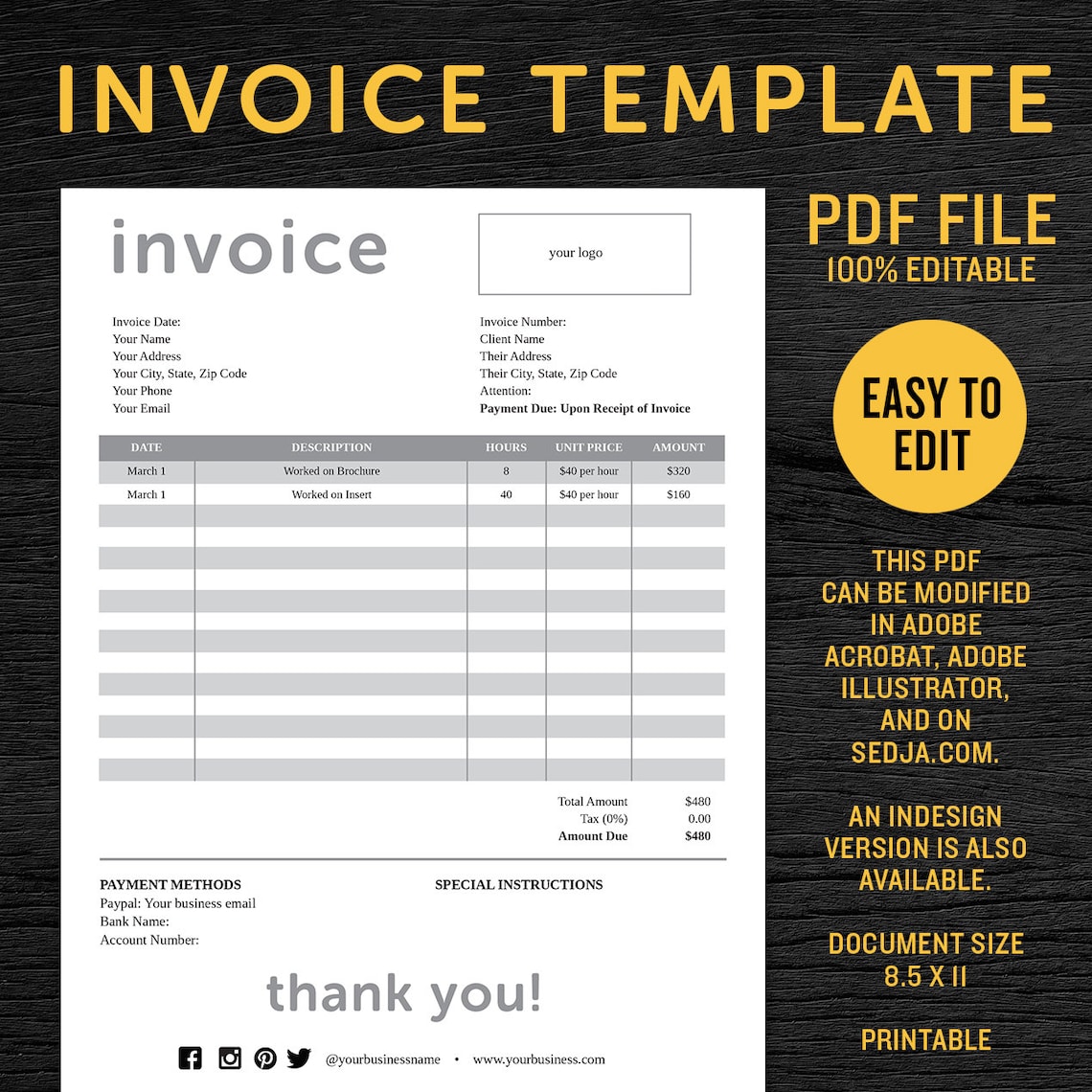 Invoice Template, Editable PDF, Printable Small Business Invoice ...