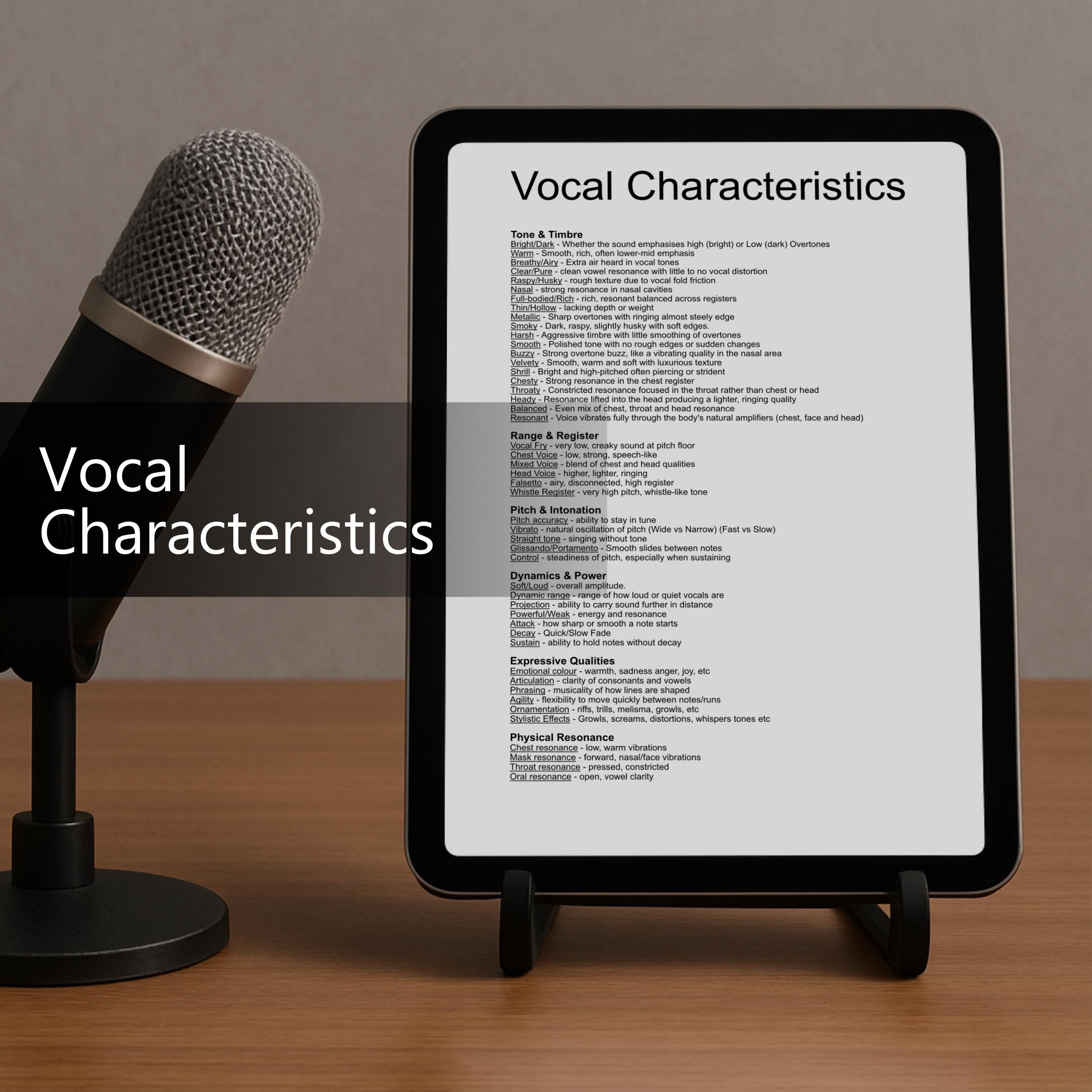 Vocal Characteristics Cheat Sheet, Singer Songwriter Music Studio ...