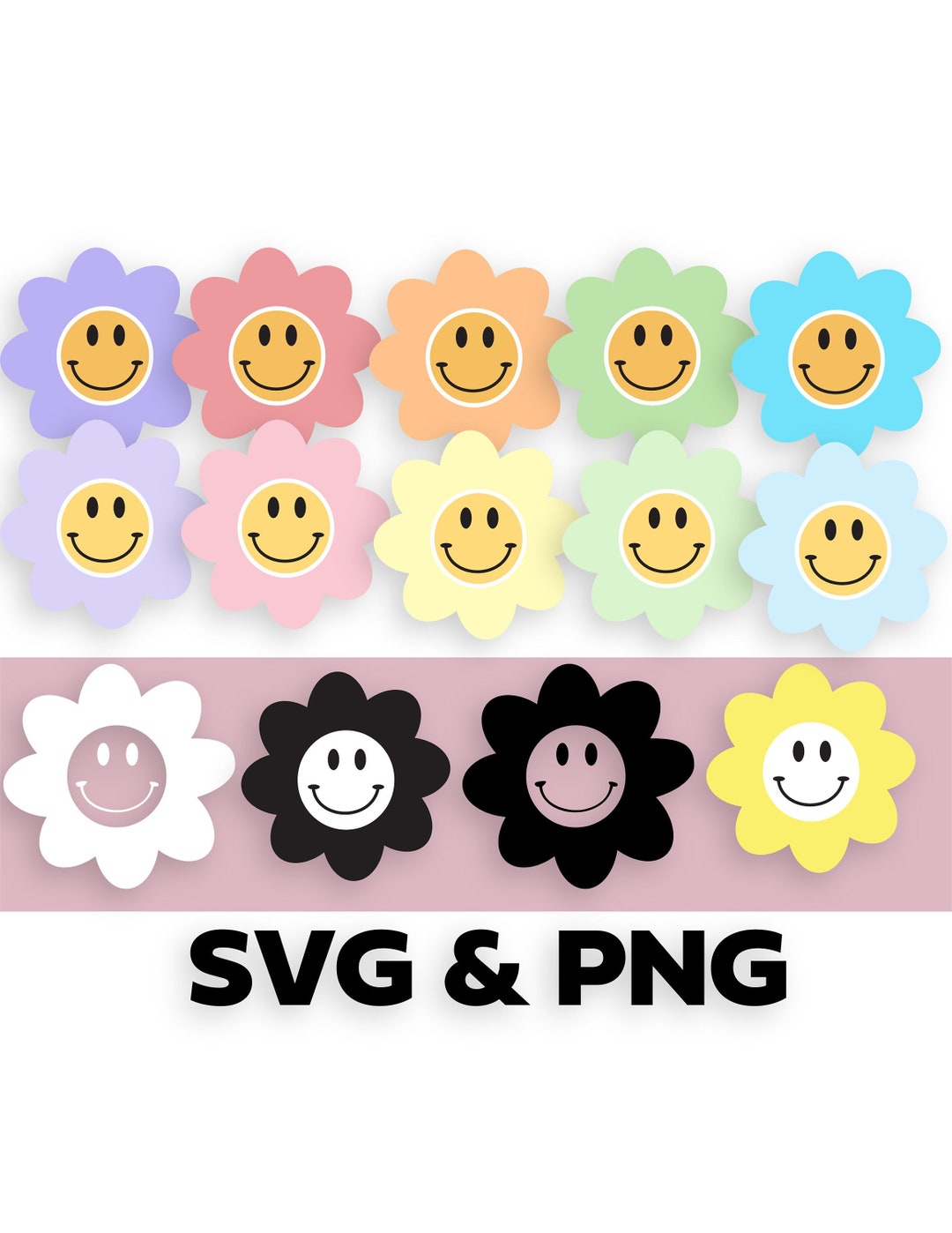 Happy Smiley Flower Face SVG PNG Pack - Etsy