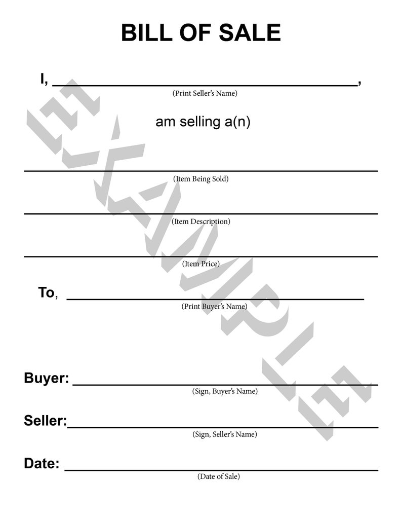Bill of Sale Form-plain- Printable- PDF JPG- 8.5 X 11 - Etsy
