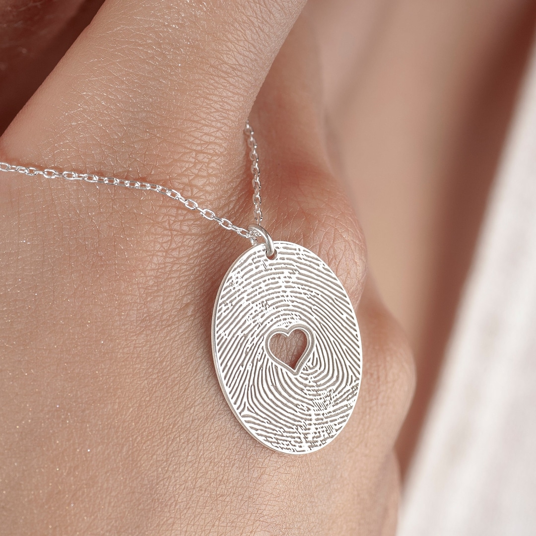 Oval Fingerprint Jewelry, Silver Heart Stamped Necklace, Heart ...