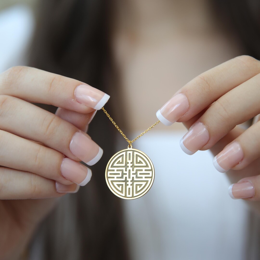 Gold Shou Symbol Necklace, Longevity and Health Charm, Oriental ...