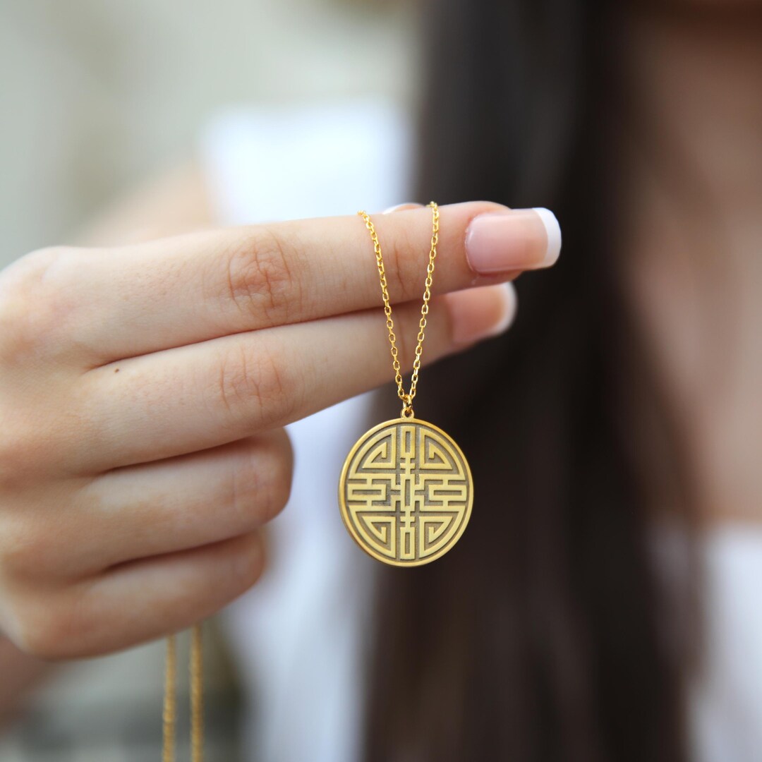Gold Shou Symbol Necklace, Chinese Longevity Pendant, Feng Shui Amulet ...
