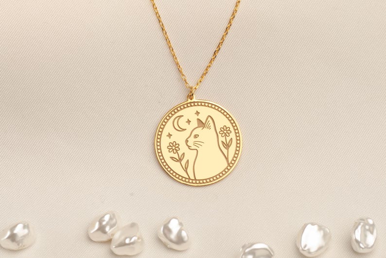 Gold Cat Moon Coin Necklace, Silver Celestial Pendant, Cute Cat Charm ...